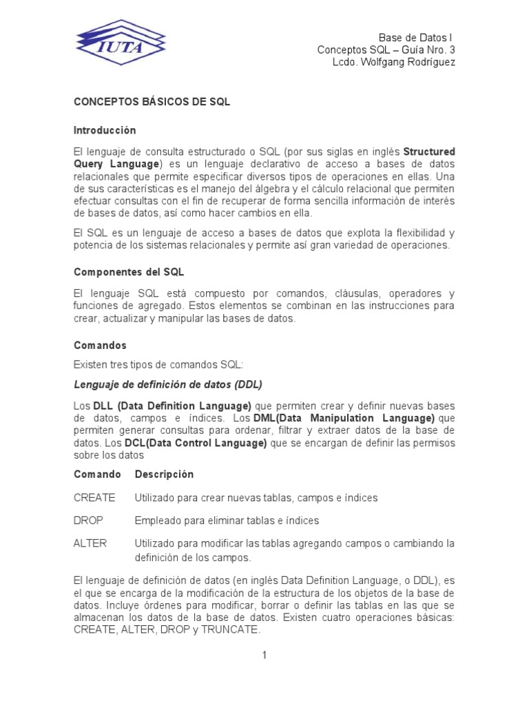 BD I Guia 3 Conceptos SQL | PDF | SQL | Diseño de software