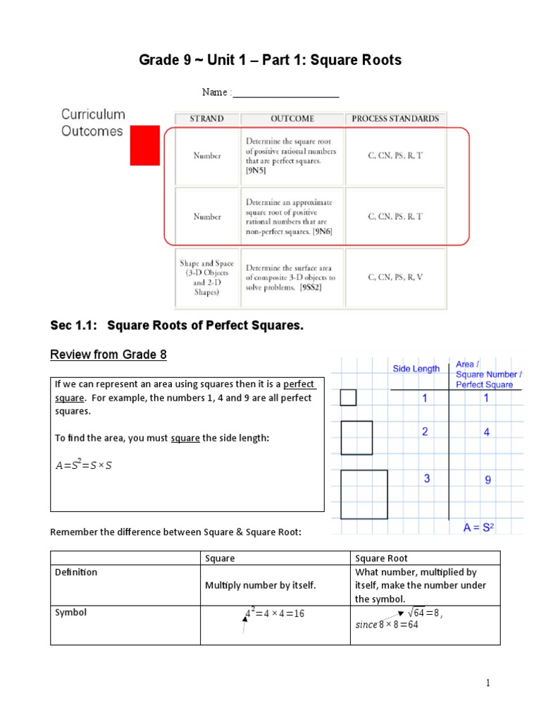 Grade 9 Unit 1 - Part 1: Square Roots | PDF | Area | Numbers