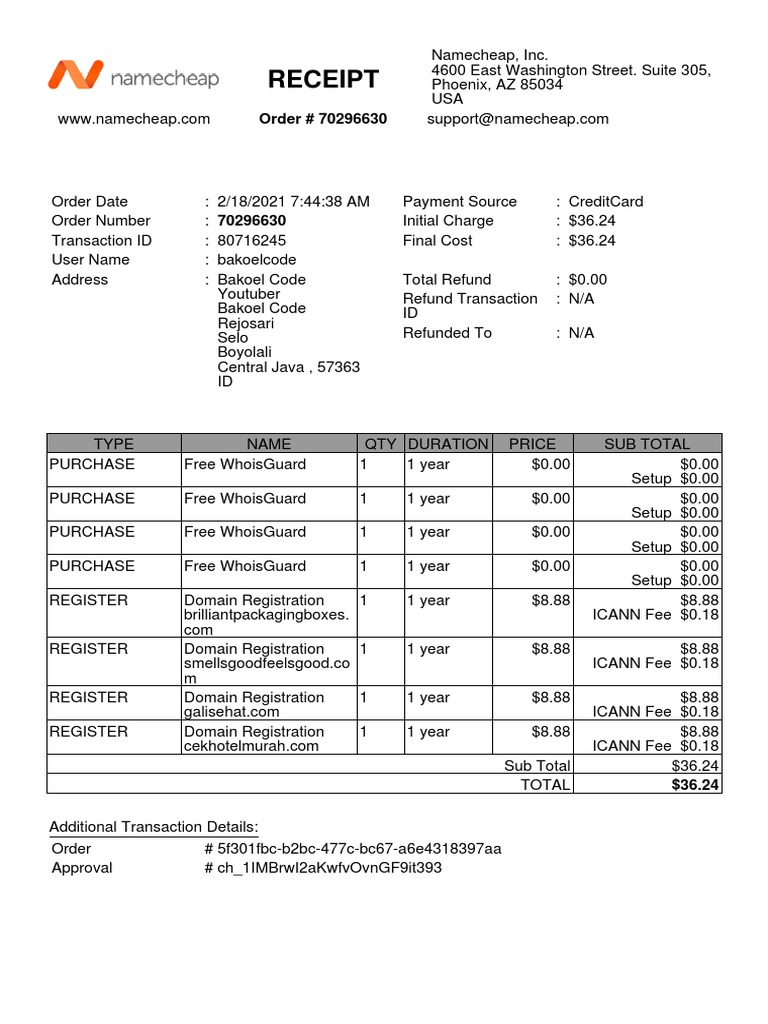 Domain Purchase Receipt | PDF | Domain Name | Directories