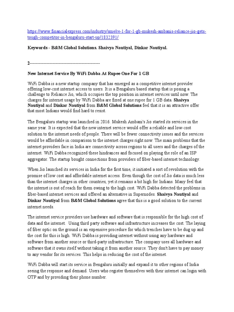 WiFi Dabba: 1GB for ₹1 Internet Service | PDF | Internet Service ...