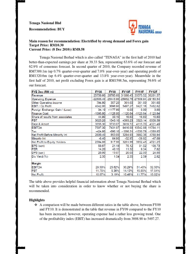 Tenaga Share Price Forecast: BUY to SELL | PDF | Revenue | Coal