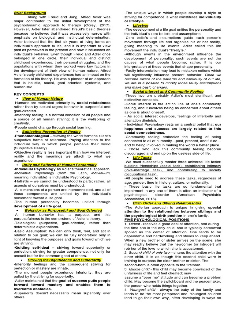 Adlerian Therapy Handout - Castillo, Lee, Mesina, Sandagon | PDF ...