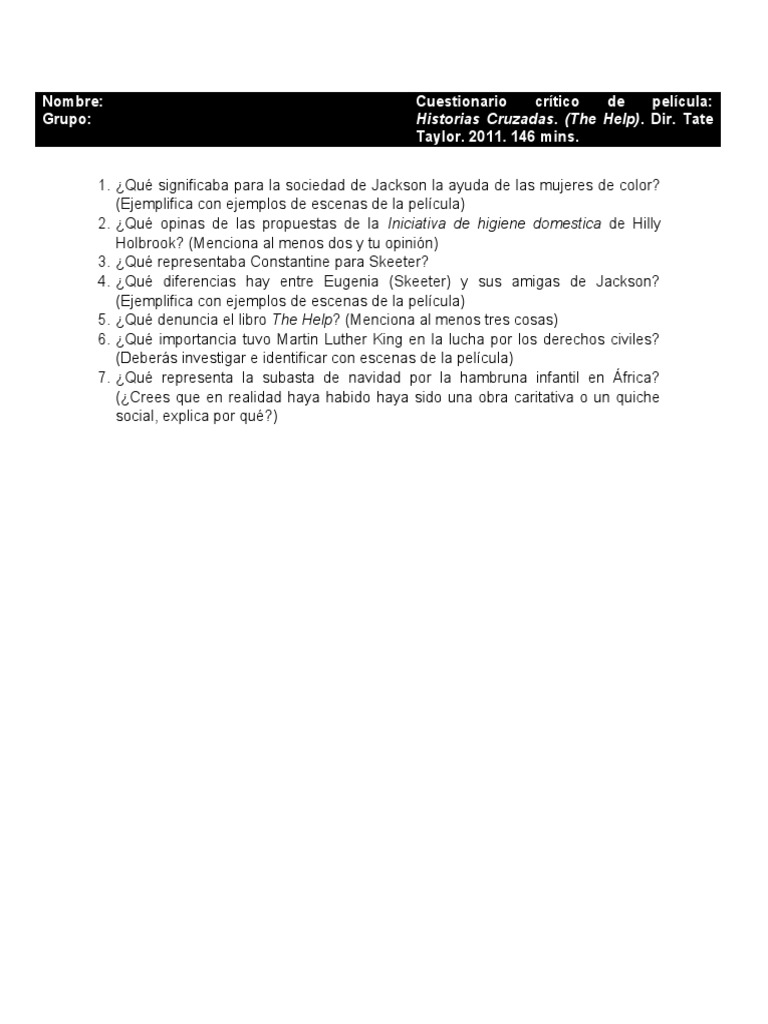 Cuestionario Critico de Película The Help | PDF