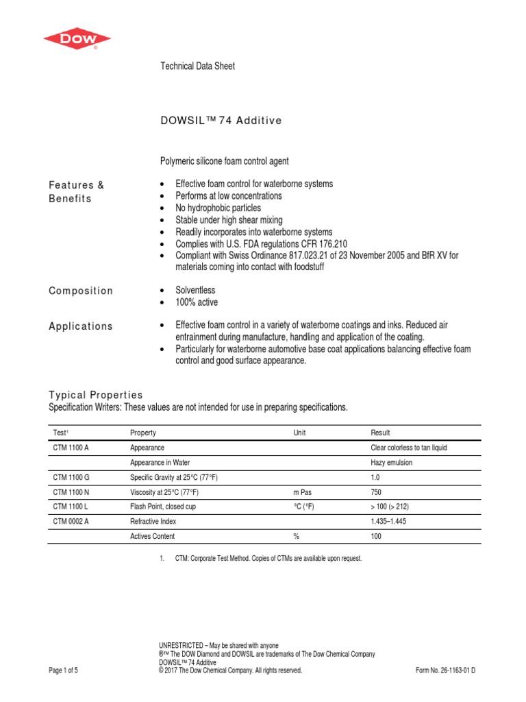 DOWSIL™ 74 Additive: Features & Benefits | PDF | Solubility | Foam