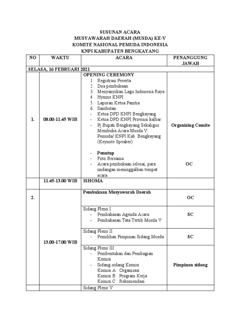 Draf Susunan Acara Musda Iv Knpi Bengkayang | PDF Draf Susunan Acara Musda Iv Knpi Bengkayang | PDF