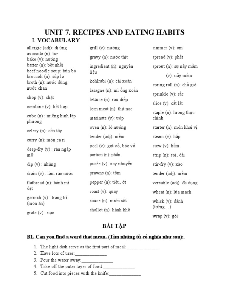 UNIT7-Recipes and Eating Habits | PDF | Lunch | Cooking