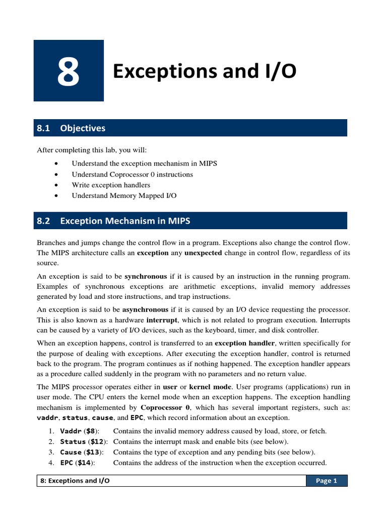COE301 Lab 8 MIPS Exceptions and IO | PDF | Input/Output | Central Processing Unit