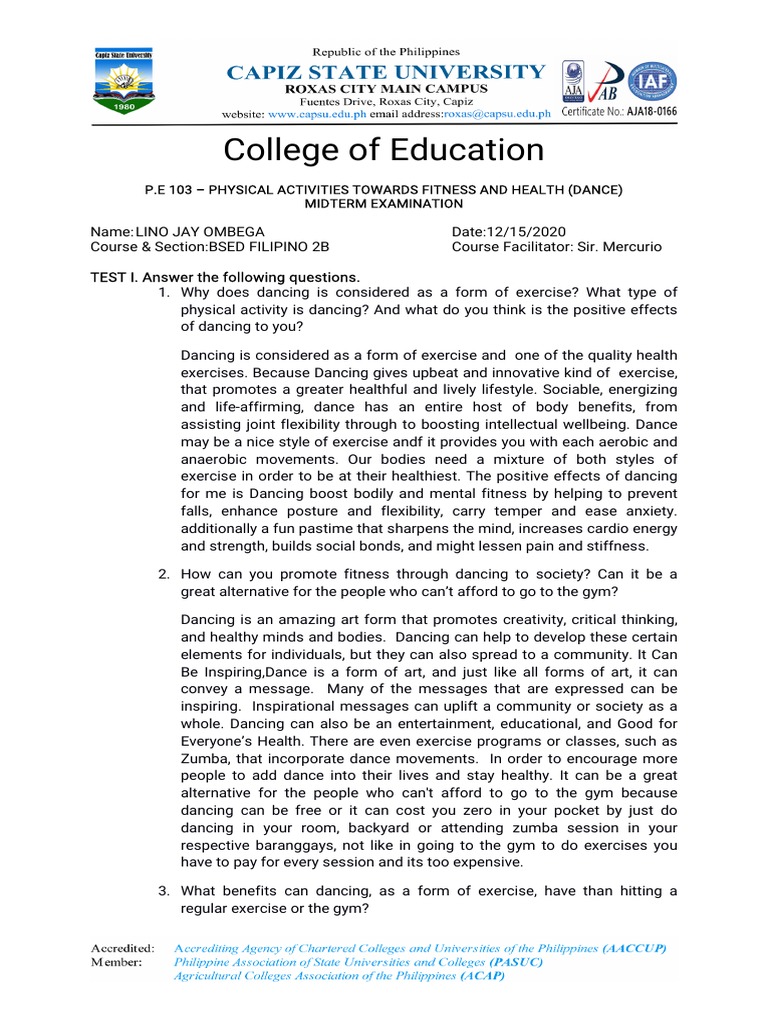 Lino Jay Ombega Bsed Filipino 2b Pe 103 Midterm Examination | PDF