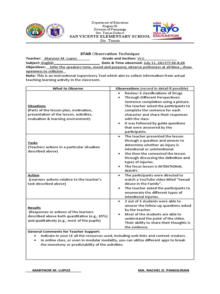 STAR Observation Technique: Department of Education Region III Division ...