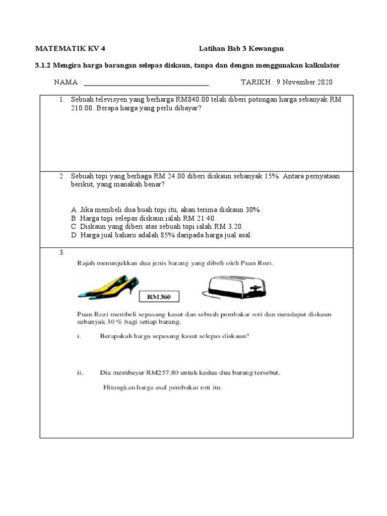 Latihan Harga Selepas Diskaun | PDF