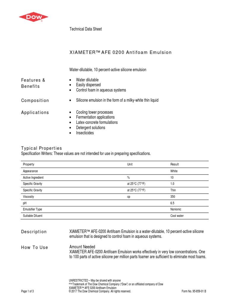 XIAMETER™ AFE 0200 Antifoam Emulsion: Features & Benefits Composition ...