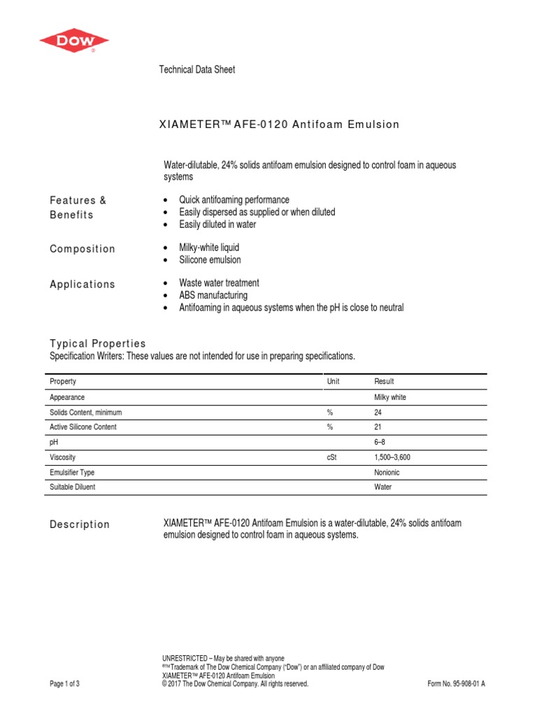 XIAMETER™ AFE-0120 Antifoam Emulsion: Features & Benefits Composition ...