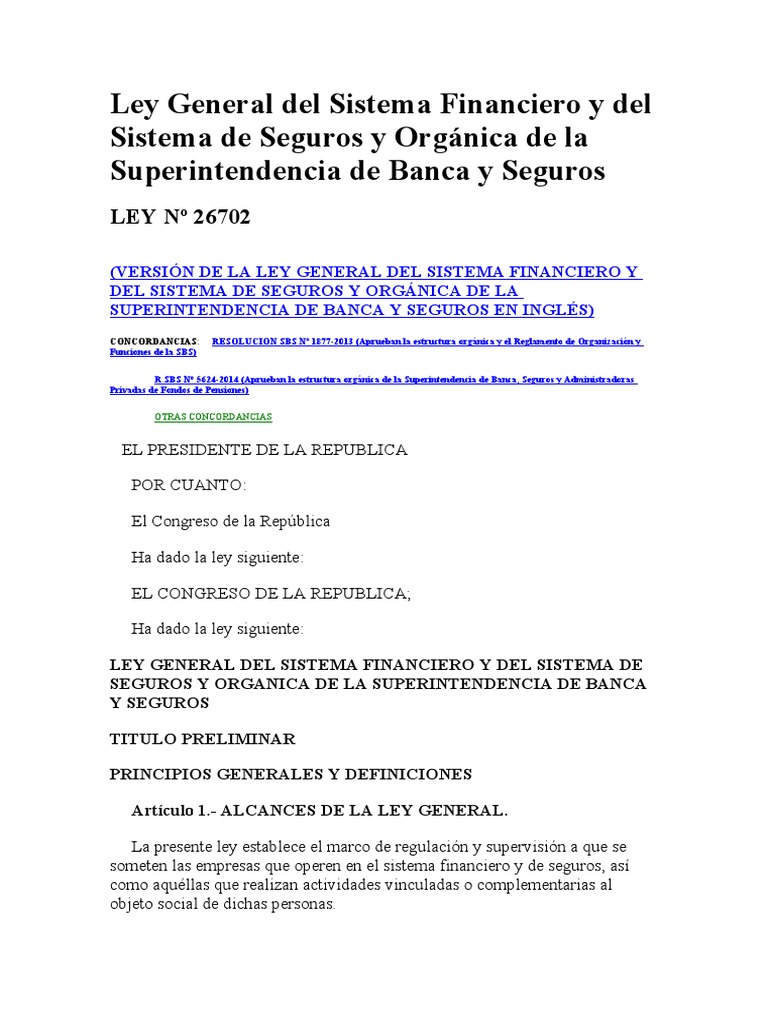 Ley General Del Sistema Financiero y Del Sistema de Seguros y Orgánica de La Superintendencia de ...