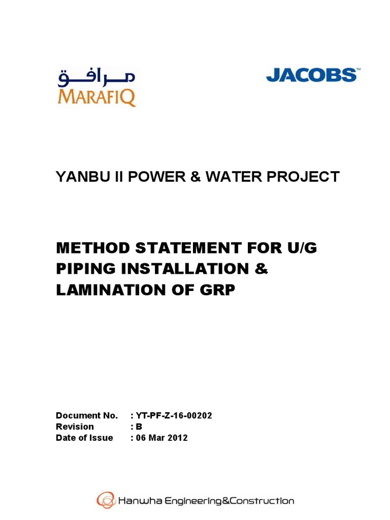 Yanbu Ii Power & Water Project: Method Statement For U/G Piping Installation & Lamination of GRP ...