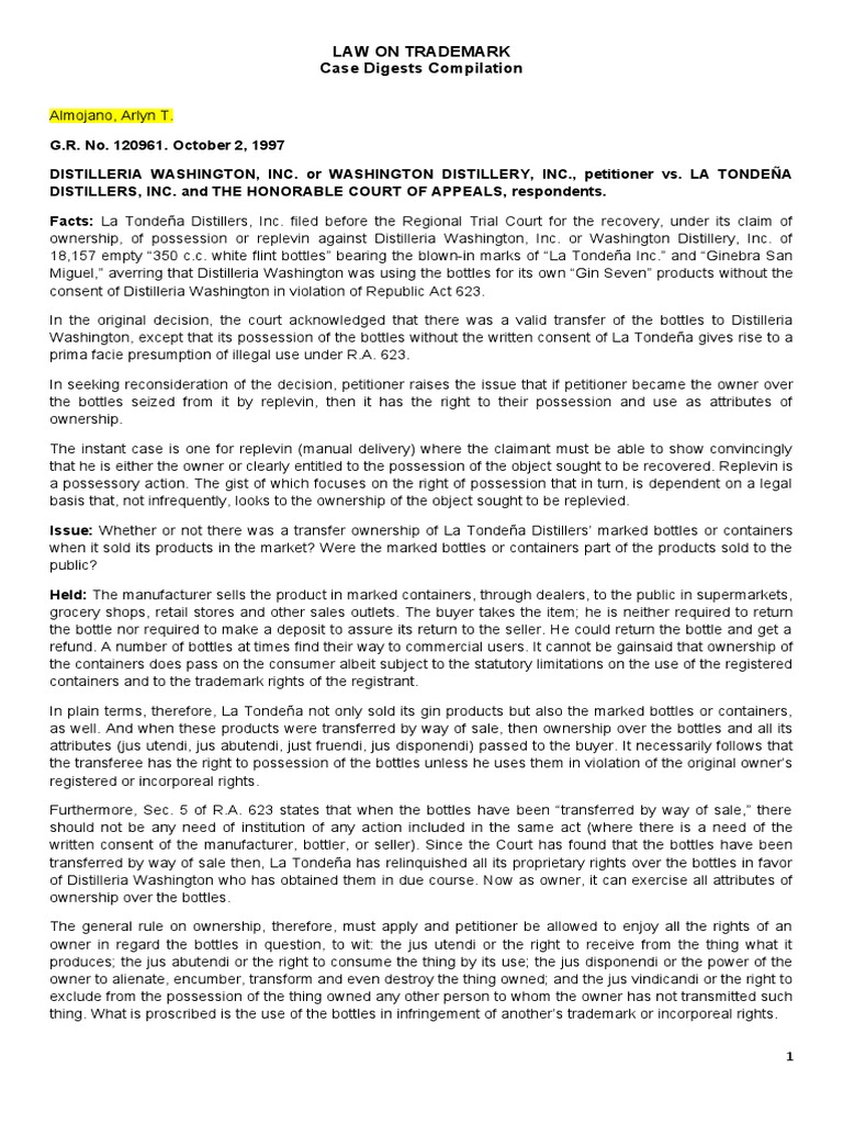 Compilation of Case Digests (Trademark) | PDF | Trademark | Patent