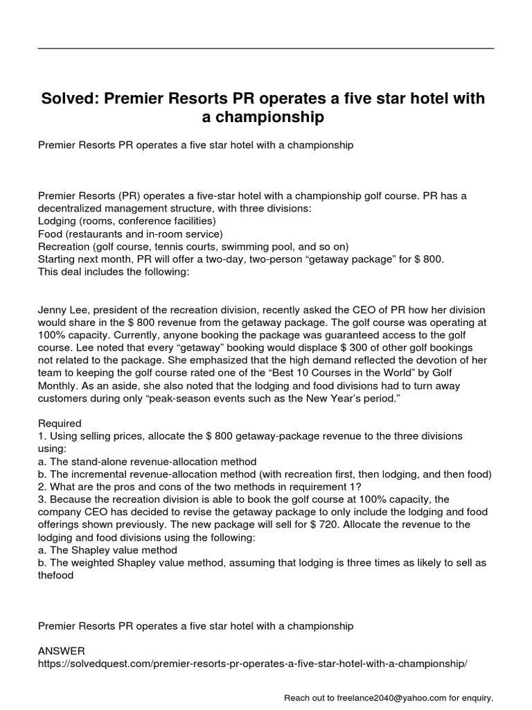 Premier Resorts PR Operates A Five Star Hotel With A Championship | PDF