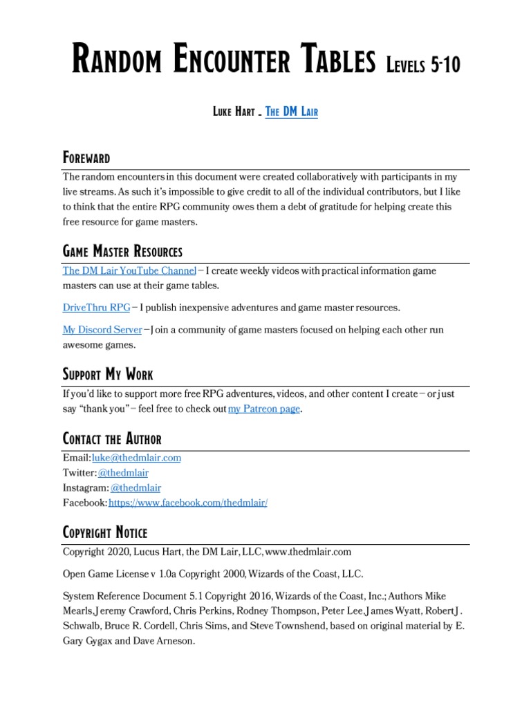 Random Encounter Tables Levels 5 10 | PDF