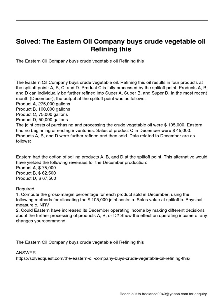 The Eastern Oil Company Buys Crude Vegetable Oil Refining This | PDF ...