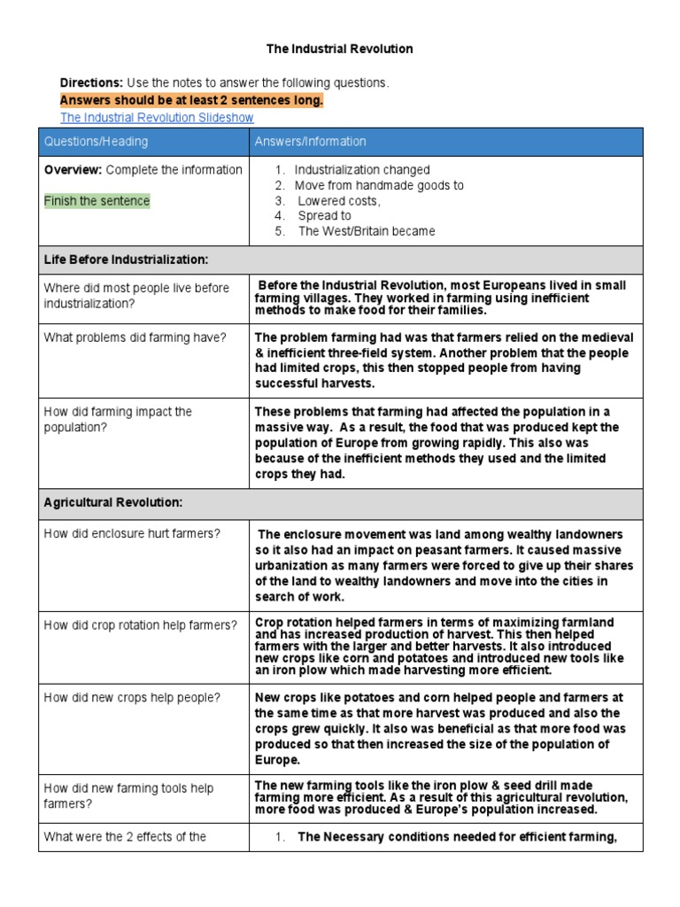 The Industrial Revolution Slideshow: Questions/Heading Answers ...