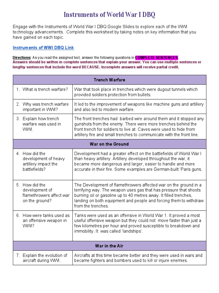 Instruments of WWI DBQ Graphic Organizer | PDF | Trench Warfare | U Boats