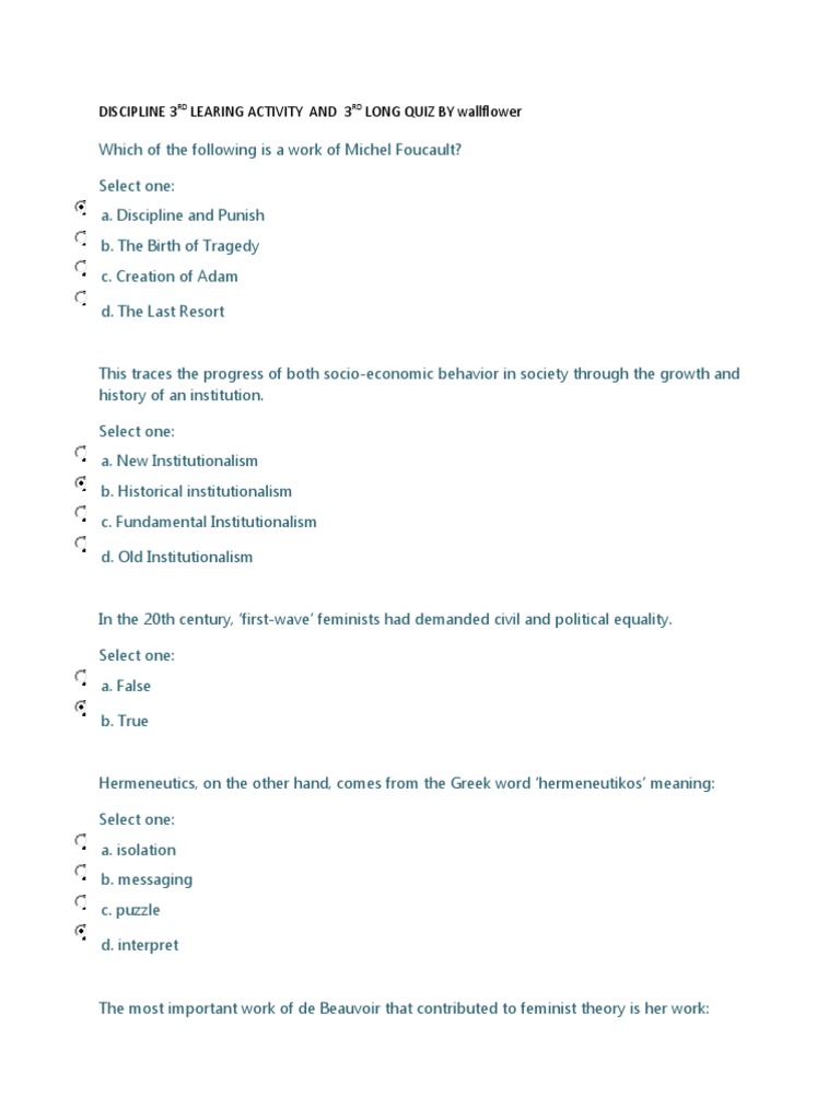 Discipline 3 Learing Activity and 3 LONG QUIZ BY Wallflower | PDF ...