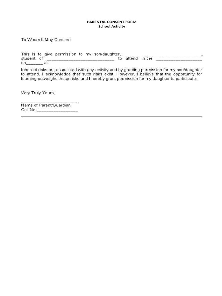 Parental Consent Form School Activity | PDF | Wellness