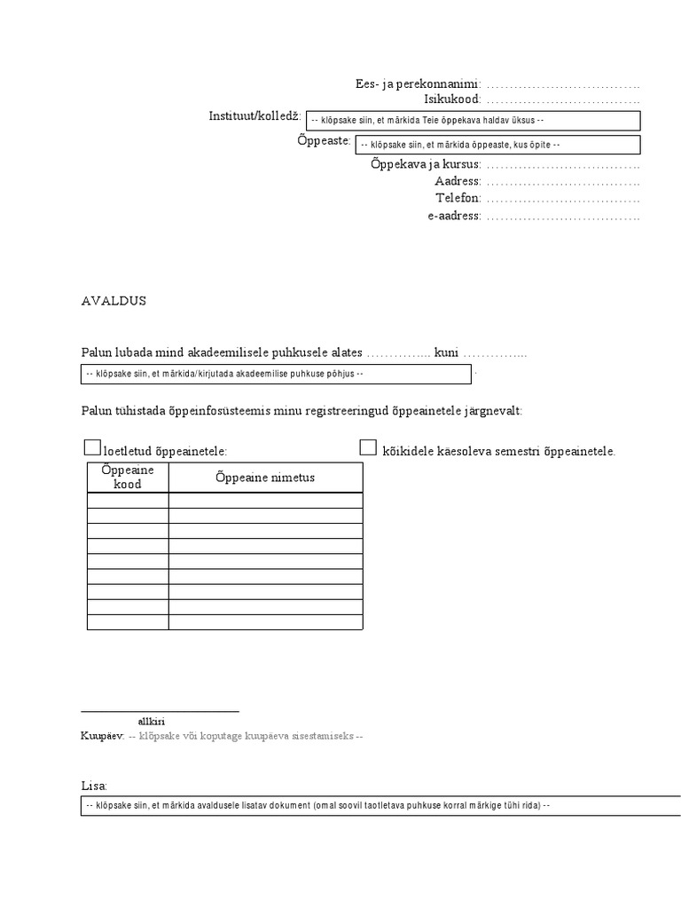 Akadeemilise Puhkuse Avaldus | PDF