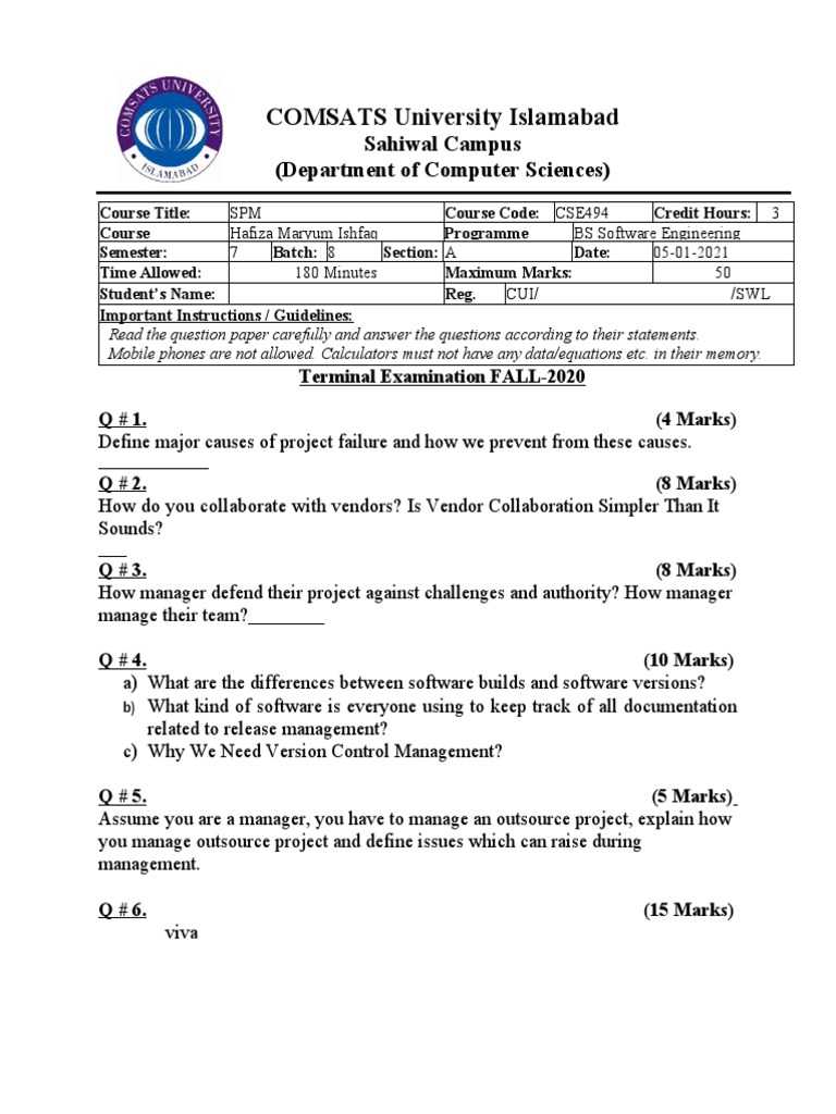 SPM Exam Paper - COMSATS 2021 | PDF