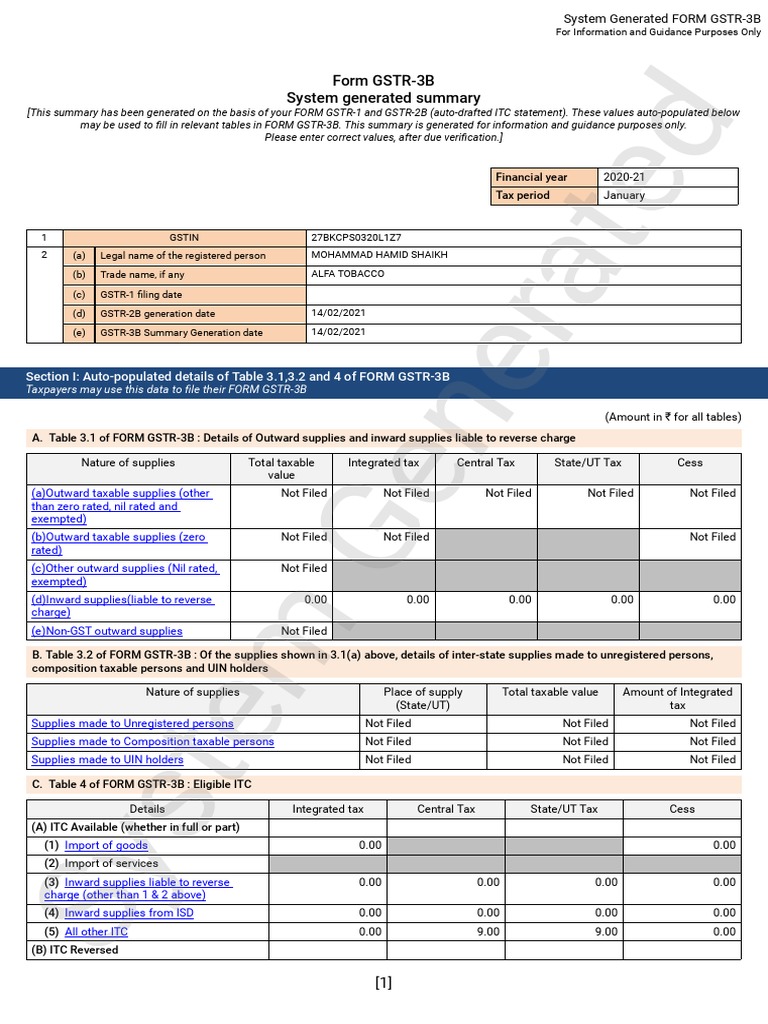 Form GSTR-3B System Generated Summary: Section I: Auto-Populated ...