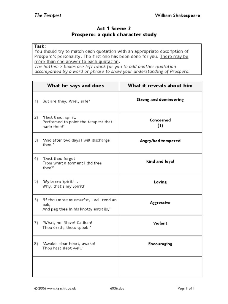 Act 1 Scene 2 Prospero: A Quick Character Study: The Tempest William | PDF