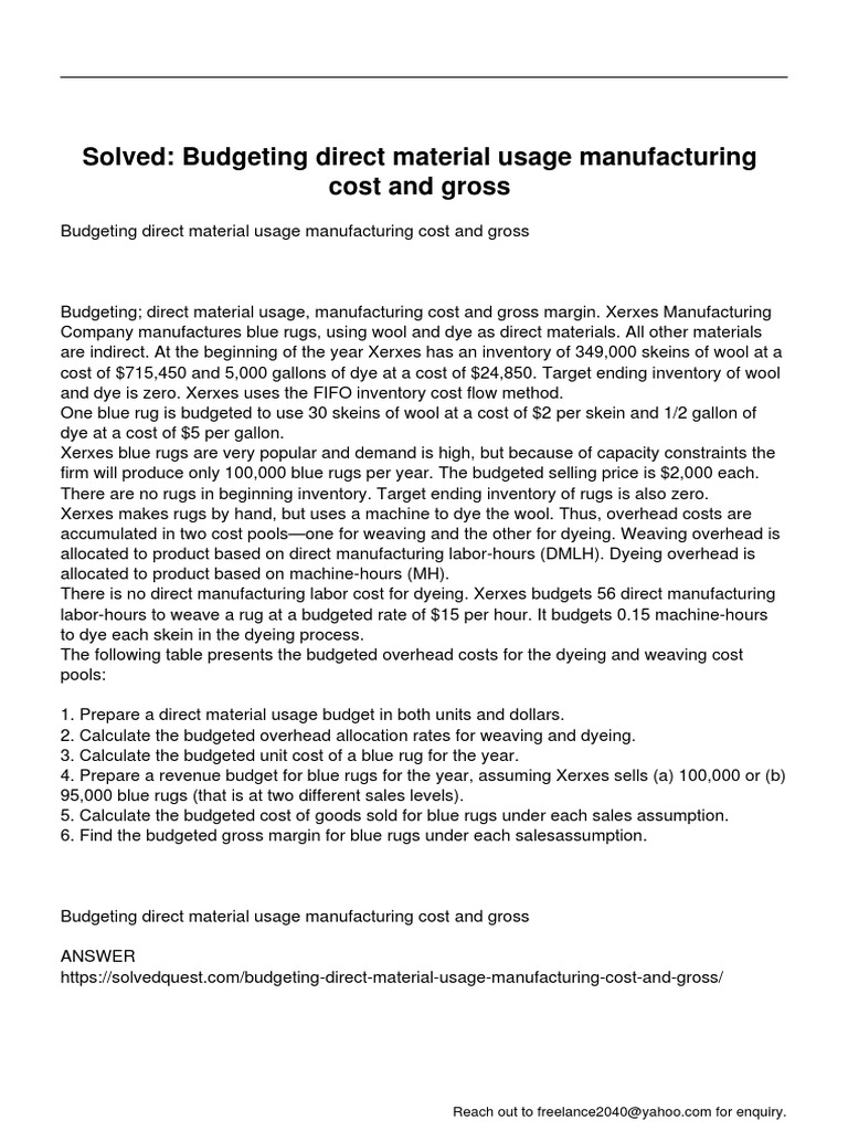Budgeting Direct Material Usage Manufacturing Cost and Gross | PDF ...