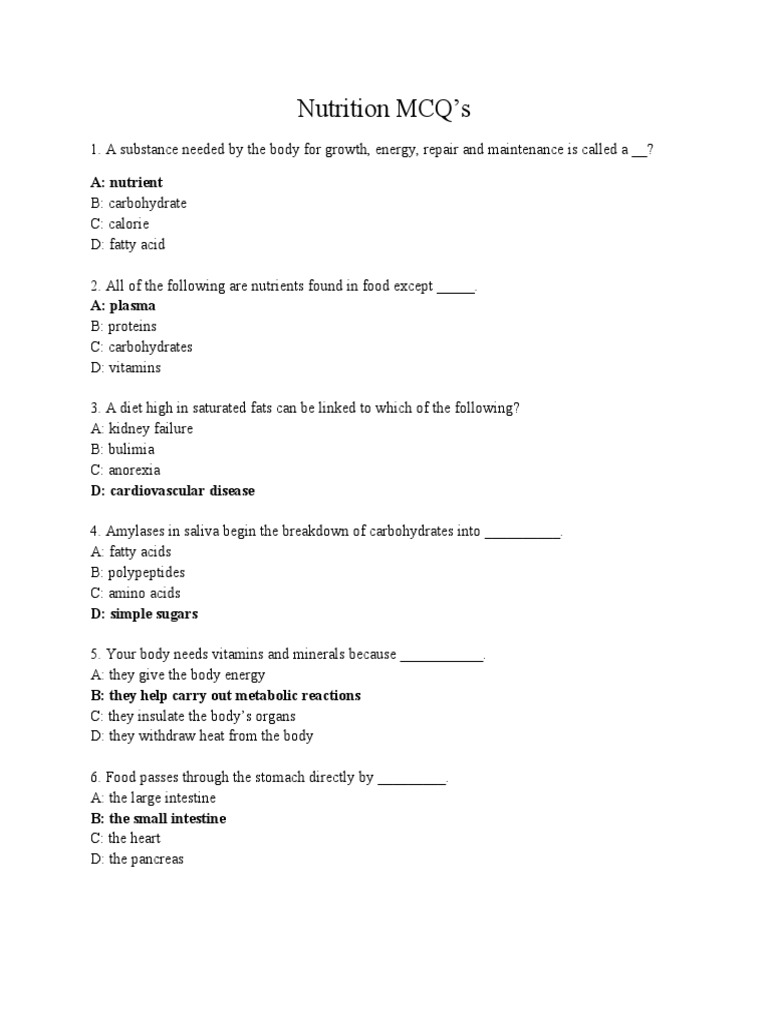 Nutrition MCQ's | Download Free PDF | Vitamin | Nutrients