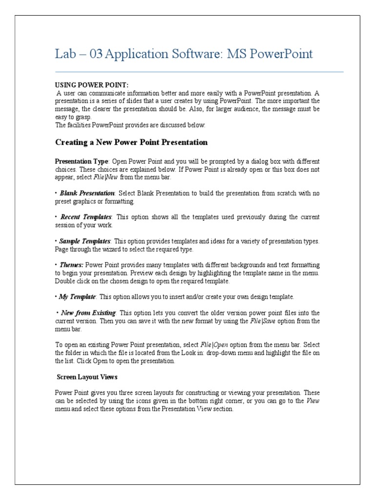 Lab - 03 Application Software: Ms Powerpoint: Creating A New Power Point Presentation | PDF ...
