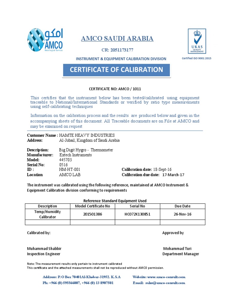 Certificate of Calibration: Amco Saudi Arabia | Download Free PDF ...