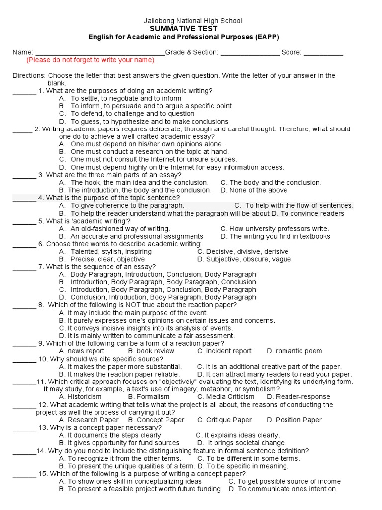 Summative Test: English For Academic and Professional Purposes (EAPP ...