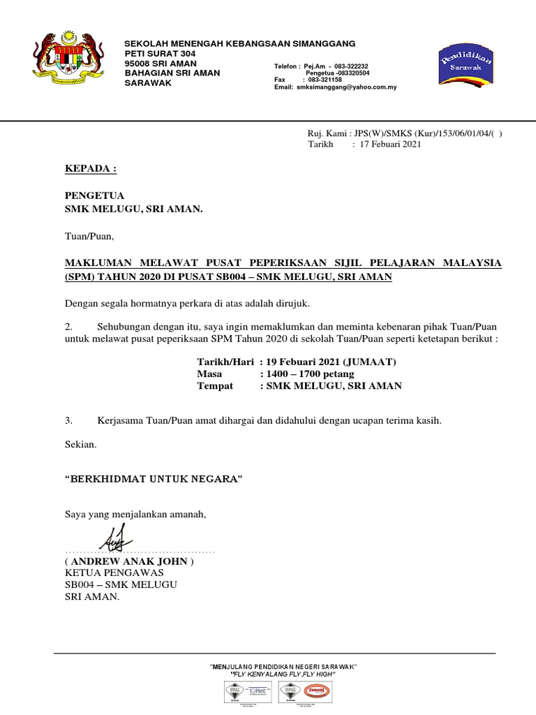 Surat Kepada Pengetua Melawat Pusat Peperiksaan SPM 2020 PDF | PDF