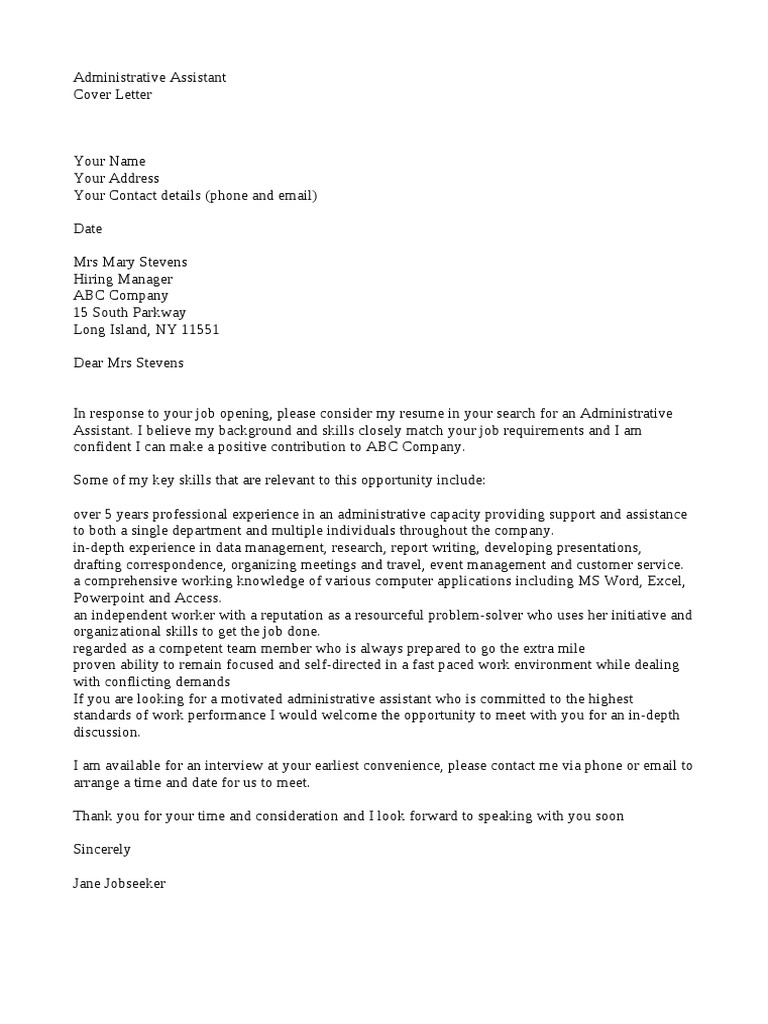 Entry Level Administrative Assistant Application Letter | PDF