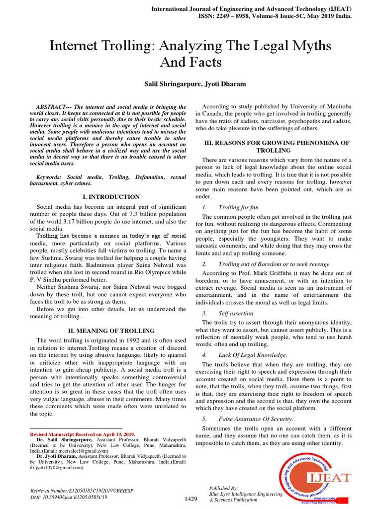 Internet Trolling: Analyzing The Legal Myths and Facts: Salil ...