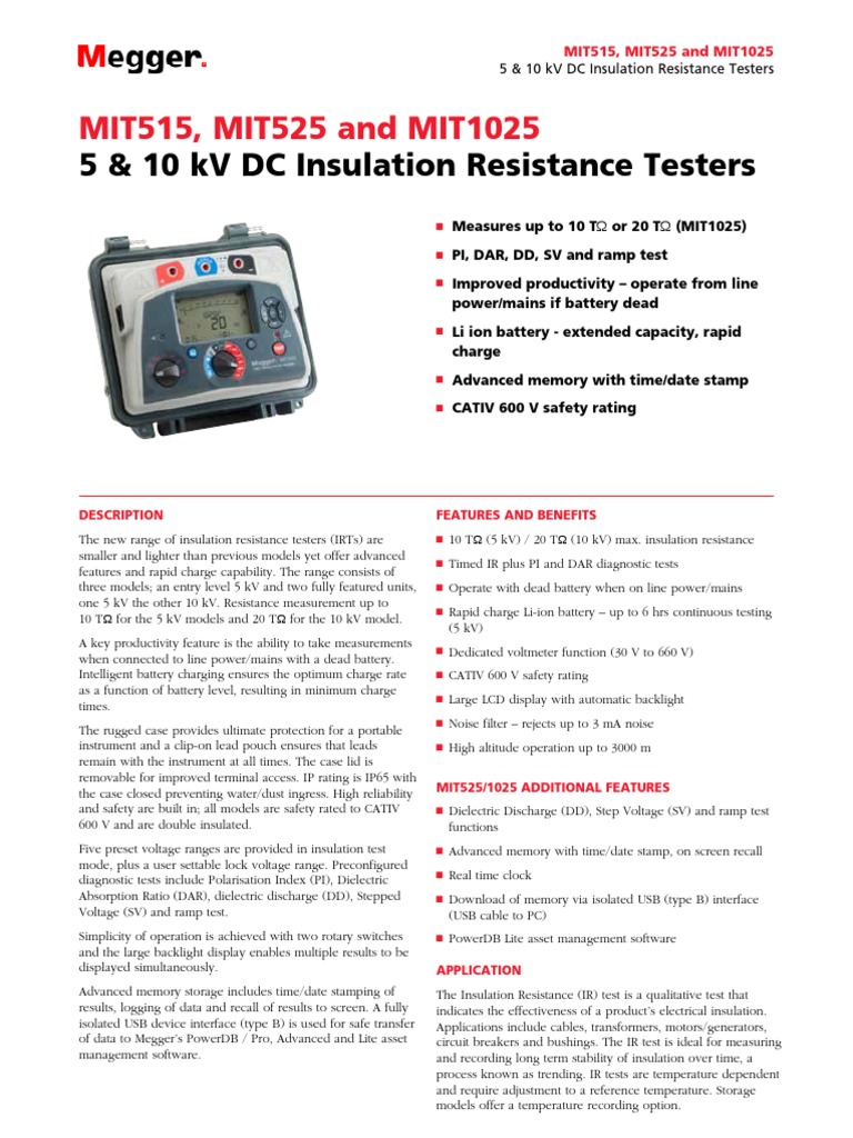 5 & 10 KV DC Insulation Resistance Testers: MIT515, MIT525 and MIT1025 ...