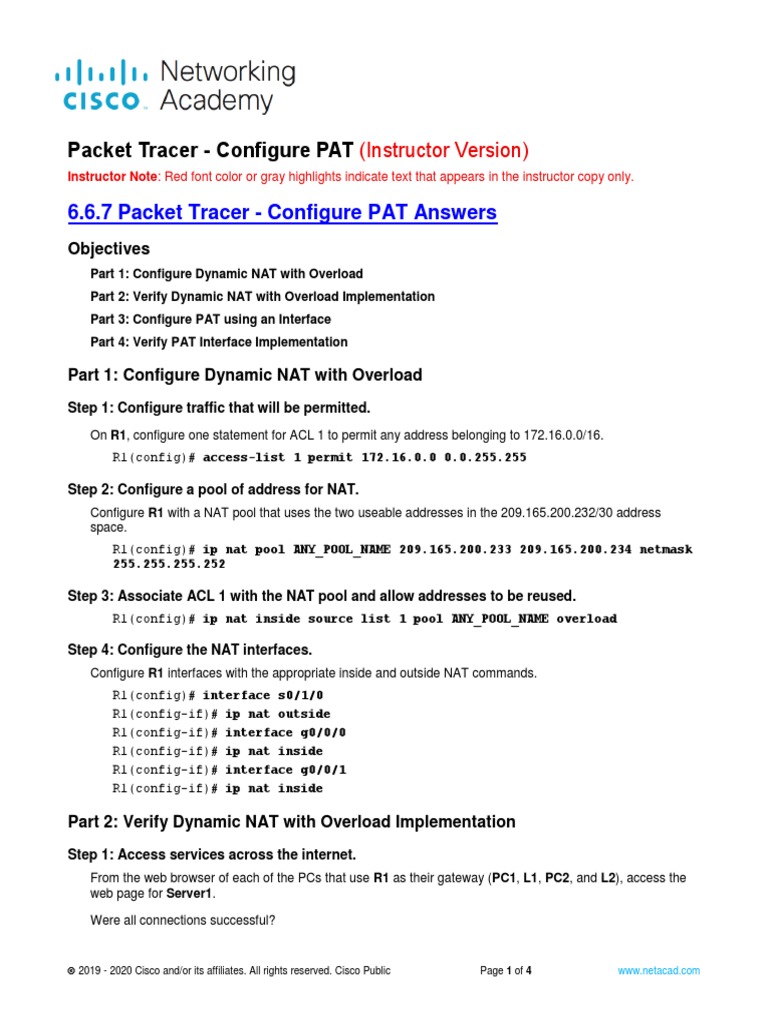 6.6.7 Packet Tracer - Configure PAT | PDF