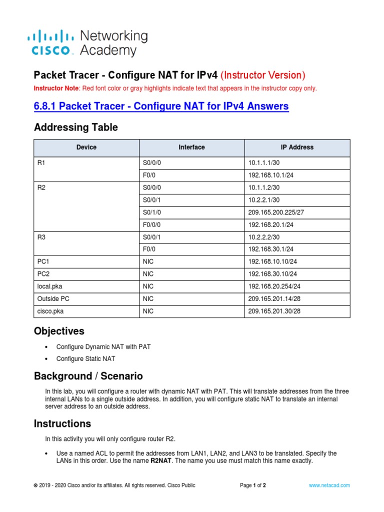 6.8.1 Packet Tracer - Configure NAT For IPv4 | PDF | Ip Address | Computer Science