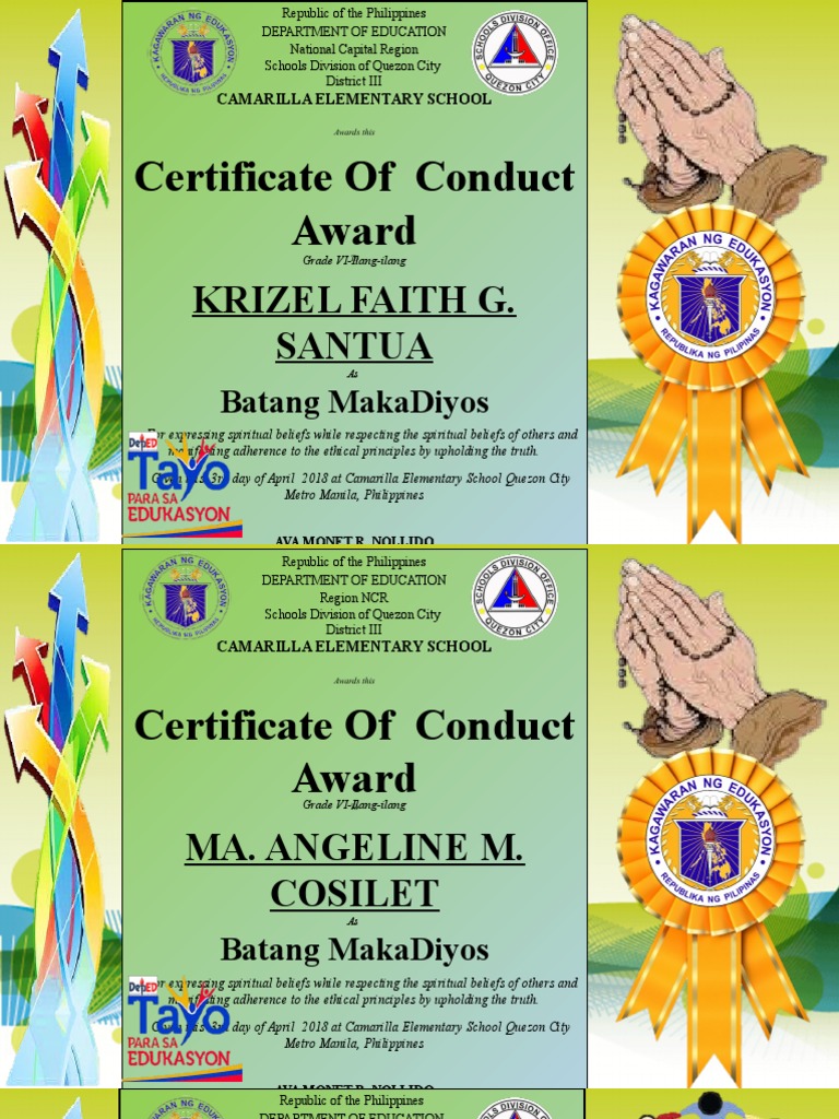 Certificate of Conduct Award: Krizel Faith G. Santua | PDF | Metro ...