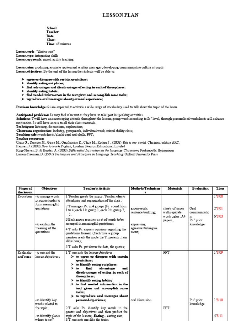 Eating Out Lesson Plan | PDF | Teachers | Lesson Plan