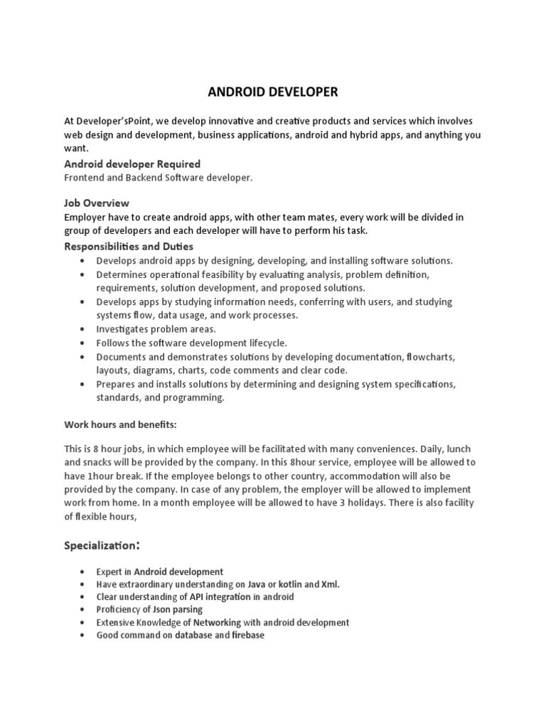 Android Developer Job Opportunity | PDF | Android (Operating System ...
