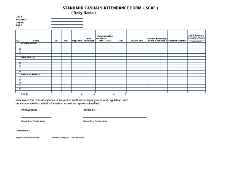 SCAF Standard Casual Attendance Form | PDF