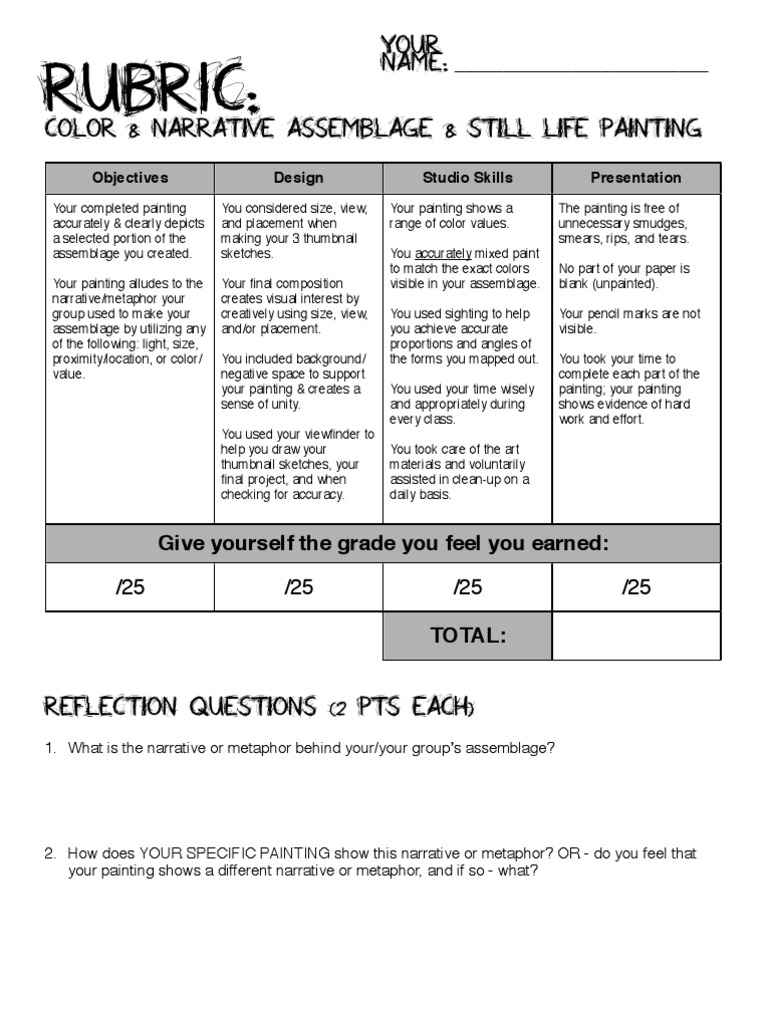 Still Life Painting Rubric & Reflection | PDF | Paintings | Color