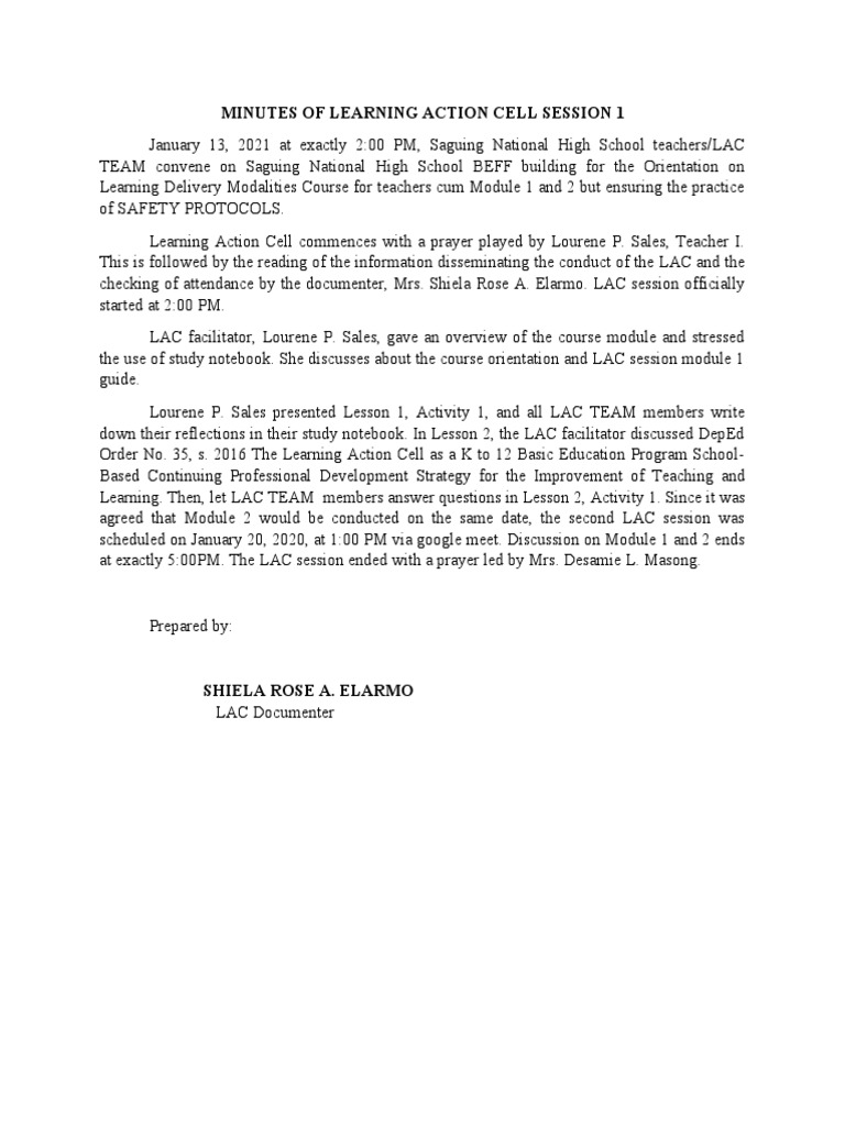 Minutes of Learning Action Cell Session 1 | PDF