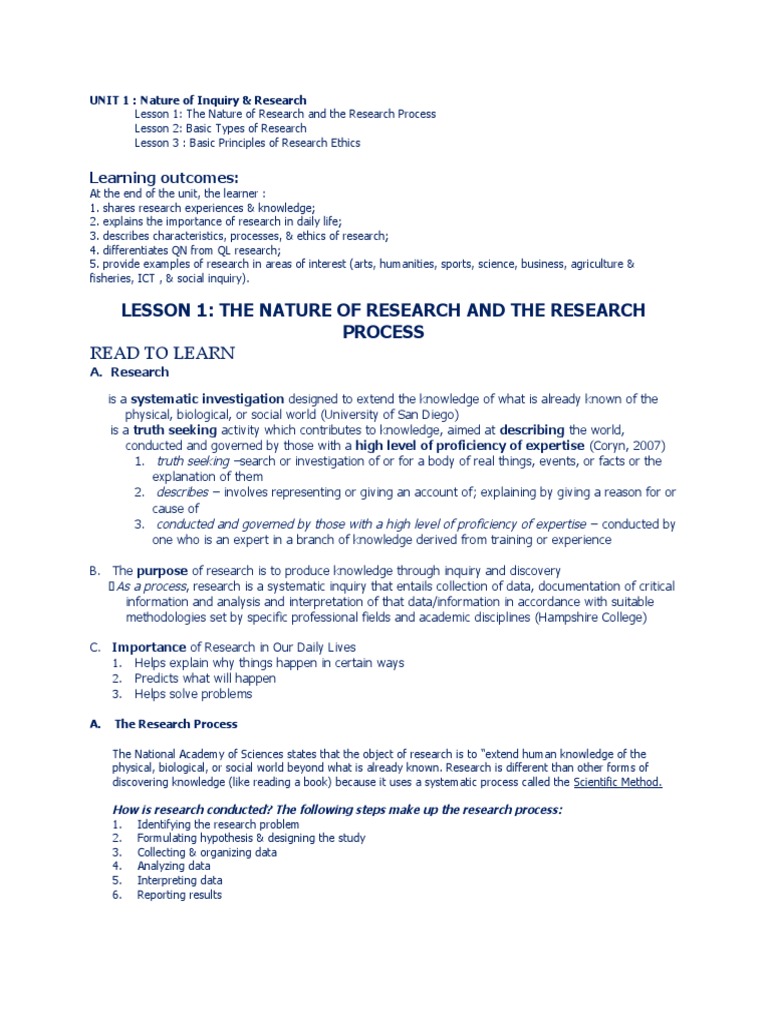 Lesson 1: The Nature of Research and The Research Process: Read To ...