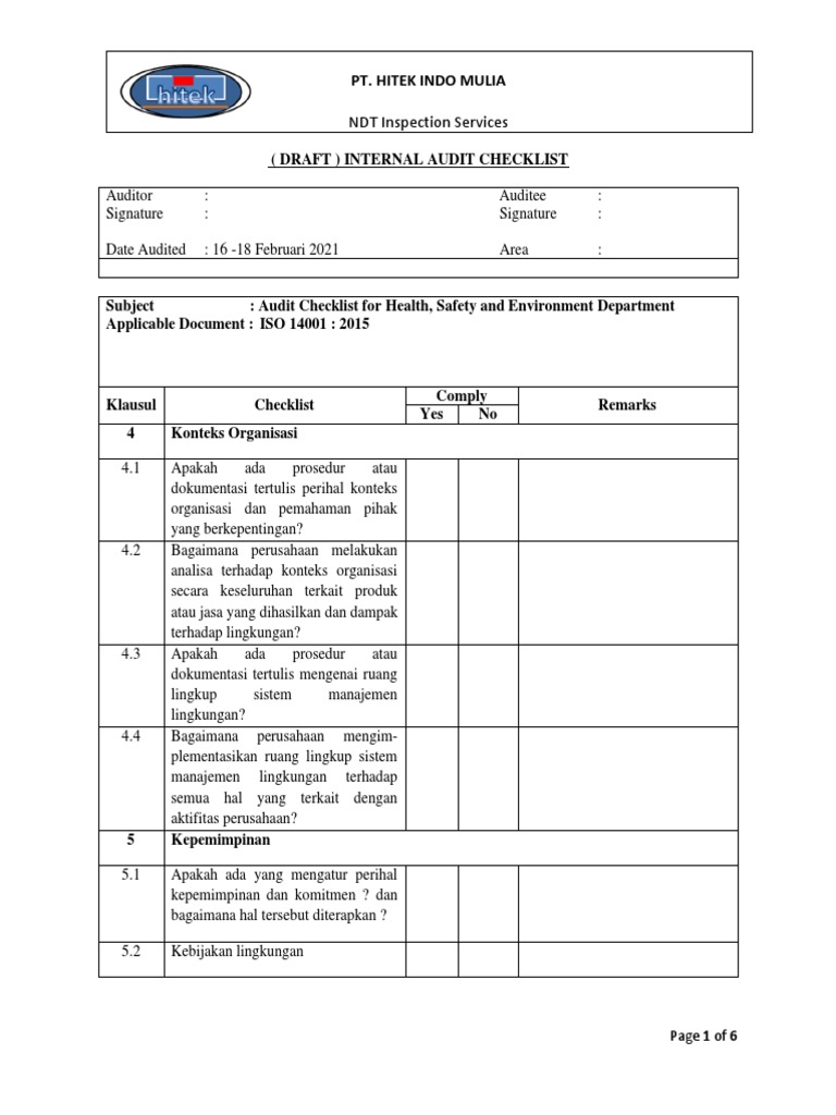 Draft Internal Audit Checklist ISO 14001-2015 | PDF