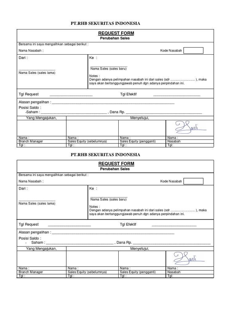 Formulir Pengalihan Sales RHB Sekuritas | PDF